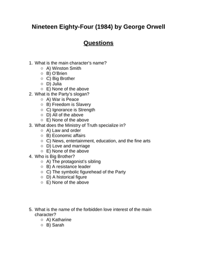 Nineteen Eighty-Four (1984). Reading Comprehension Questions, Multiple ...