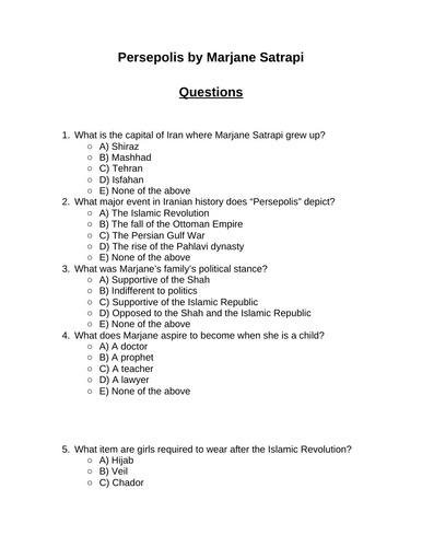 Persepolis. Reading Comprehension Questions, Multiple-choice questions ...