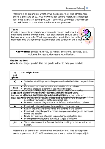 Pressure & Balloons Level Assessed Task | Teaching Resources