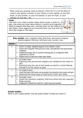 Electric Motors Level Assessed Task | Teaching Resources