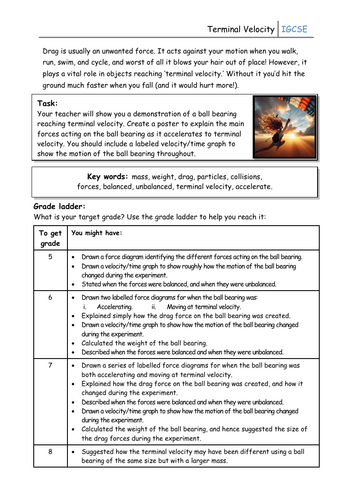 Terminal Velocity Level Assessed Task | Teaching Resources