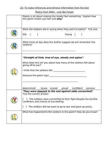 Lest We Forget Poetry Comprehension | Teaching Resources