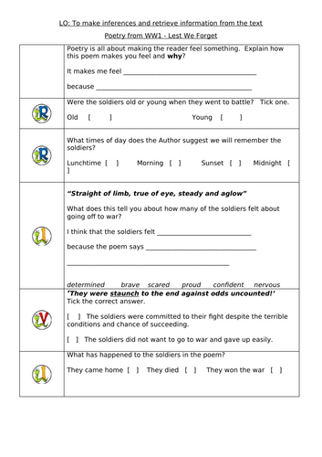 Lest We Forget Poetry Comprehension | Teaching Resources
