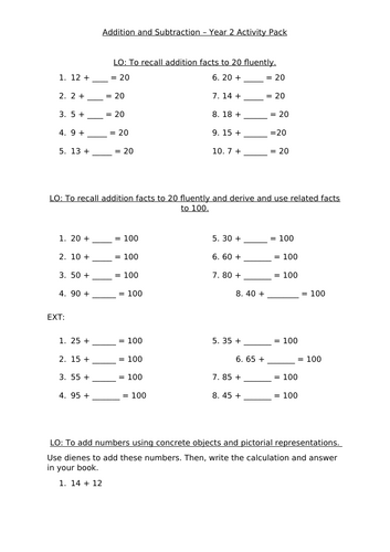Year 2 Addition and Subtraction Fluency Question Worksheet Pack ...
