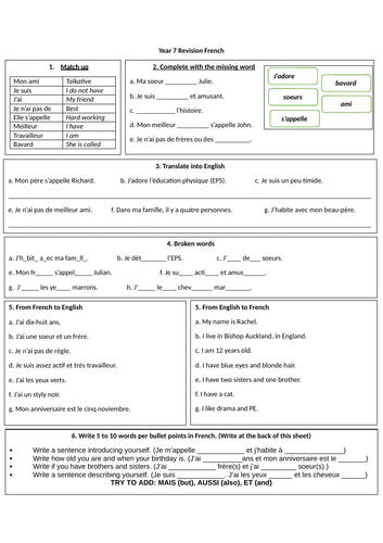 Worksheet: Family / Description (French) | Teaching Resources