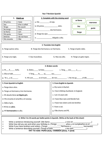 Worksheet: Family/Description (Spanish) | Teaching Resources