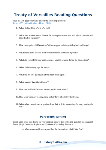 Treaty of Versailles Reading Questions Worksheet | Teaching Resources