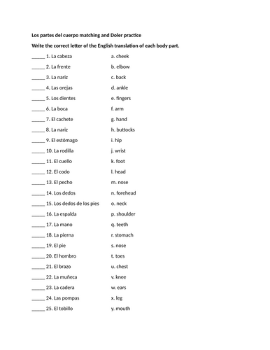 Los partes del cuerpo matching and Doler practice | Teaching Resources