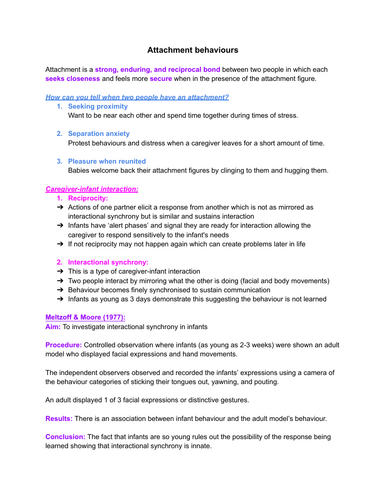 A-Level Psychology AQA - Paper 1, Attachment | Teaching Resources