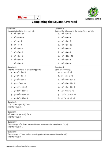 Completing the Square (Differentiated Worksheets) | Teaching Resources
