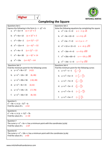 Completing the Square (Differentiated Worksheets) | Teaching Resources