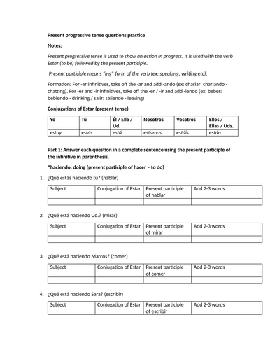 Present progressive tense questions practice (Spanish) | Teaching Resources