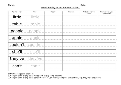 Adding -le and contractions spelling home learning KS1 | Teaching Resources