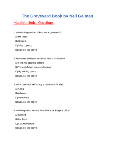 The Graveyard Book : Multiple choice Questions - Test / Quiz | Teaching ...