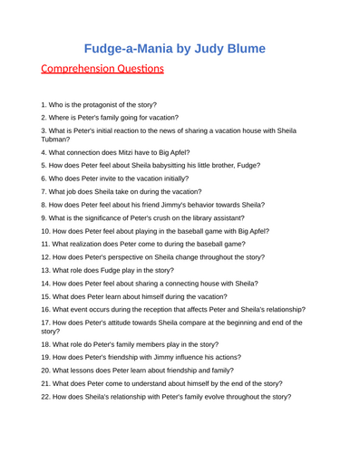 Fudge-a-Mania : Reading comprehension Questions - Test / Quiz ...
