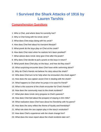 I Survived the Shark Attacks of 1916 : Reading comprehension Questions ...