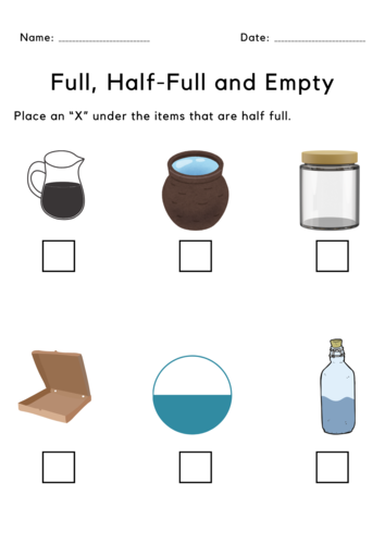 Printable Full, Half-Full and Empty worksheets for kindergarten ...