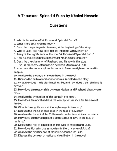 A Thousand Splendid Suns. Reading Comprehension Questions, Multiple ...