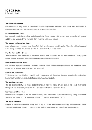 ICE CREAM (Infotext and Exercises) | Teaching Resources