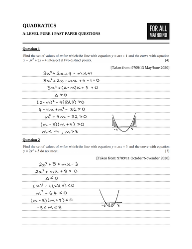 A-LEVEL 9709 MATHS PAST PAPER TOPIC QUESTIONS (QUADRATICS - ALGEBRA) | Teaching Resources