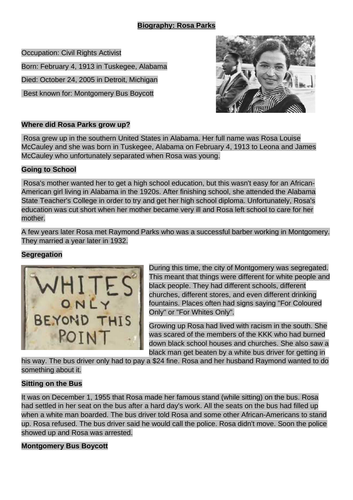 Year 6 Whole Class Reading - Rosa Parks Biography | Teaching Resources