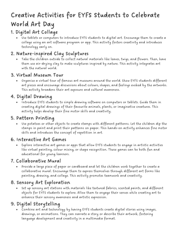 World Art Day Activity Ideas EYFS - Year 6 | Teaching Resources