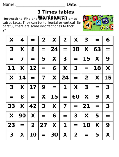 3 times tables wordsearch puzzle KS2 | Teaching Resources