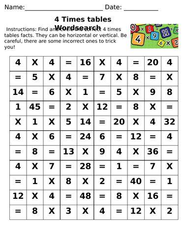 4 times tables wordsearch puzzle KS2 | Teaching Resources
