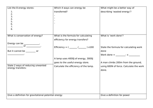 Energy recap worksheet | Teaching Resources