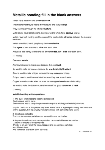 Metallic bonding combined lesson plan: presentation, worksheets, notes ...