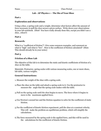 Lab - AP Physics 1 – The Mu of Your Shoe | Teaching Resources