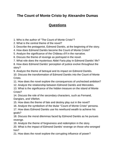 The Count of Monte Cristo. Reading Comprehension Questions, Multiple ...