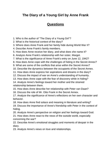 The Diary of a Young Girl. Reading Comprehension Questions, Multiple ...
