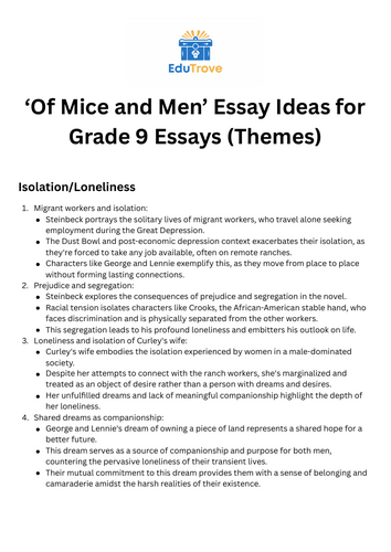 Of Mice and Men Themes Sheet - Essay Ideas | Teaching Resources