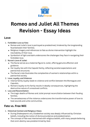 Romeo and Juliet Themes Sheet - Essay Ideas | Teaching Resources