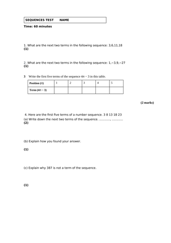 GCSE Maths Sequences Test | Teaching Resources