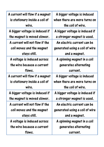 Electromagnetic Induction True or False Card Sort | Teaching Resources