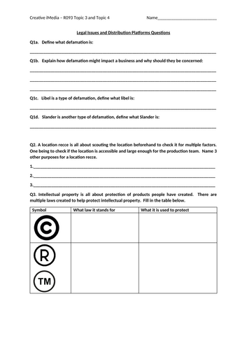 Creative iMedia R093 - Revision/Homework/Assessment Sheet Topic 3&4 ...