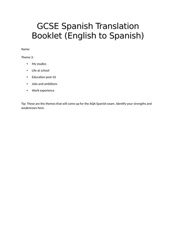 GCSE Spanish Translation Revision Booklet - Theme 3 | Teaching Resources