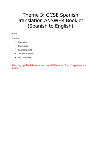 GCSE Spanish Translation Revision Booklet - Theme 3 | Teaching Resources
