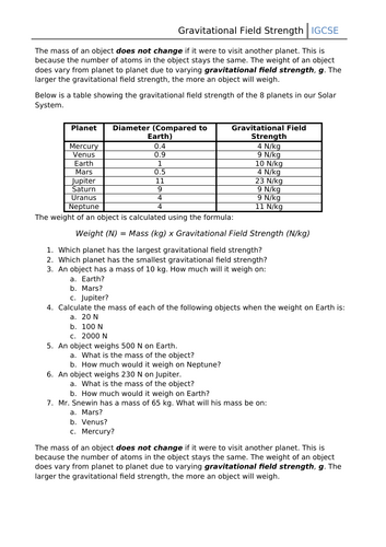 Gravitational Field Strength Calculations Worksheet | Teaching Resources