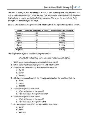 Gravitational Field Strength Calculations Worksheet | Teaching Resources