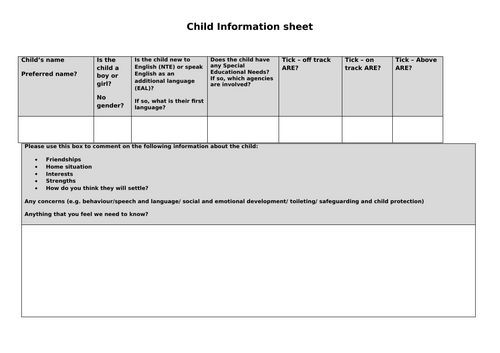 EYFS transition child information sheet | Teaching Resources