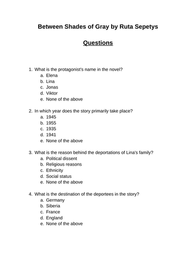 Between Shades of Gray. Reading Comprehension Questions, Multiple ...