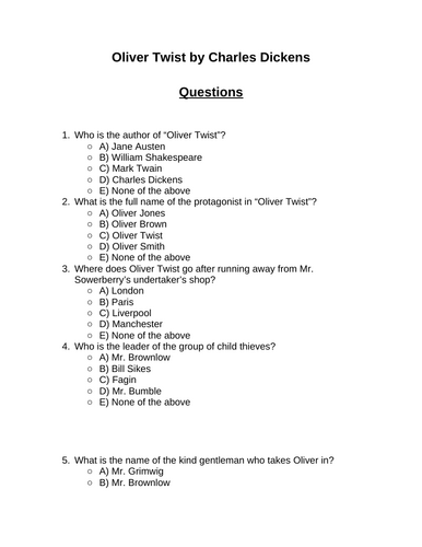 Oliver Twist. 30 multiple-choice questions (Editable) | Teaching Resources
