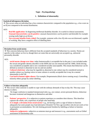 AQA A Level Psychology Psychopathology guide | Teaching Resources
