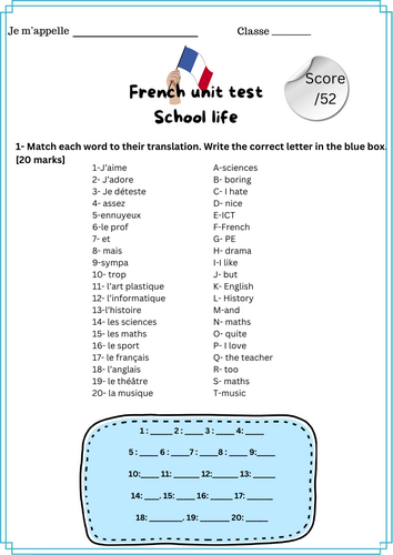 French test school life, subjects school supplies likes dislikes ...