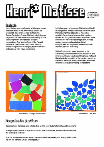 Henri Matisse Cover or Introduction Lesson | Teaching Resources