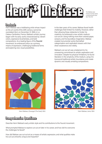 Henri Matisse Cover or Introduction Lesson | Teaching Resources