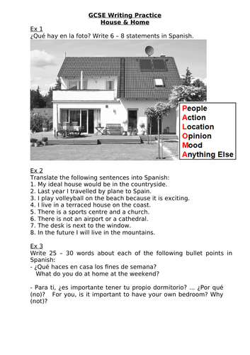 GCSE Spanish (AQA) Writing Worksheets Theme 2 Topic 1: Topic 1: Home ...